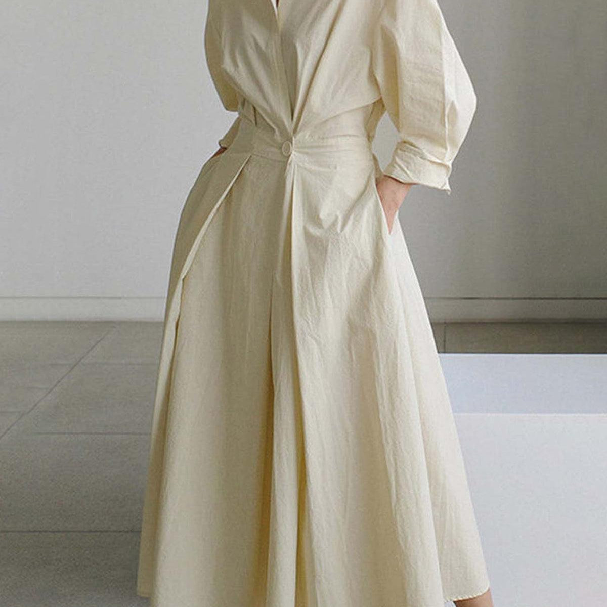 Elegant Pocket Button Lapel Collar Fold Solid Midi Dress – LAVECHIC